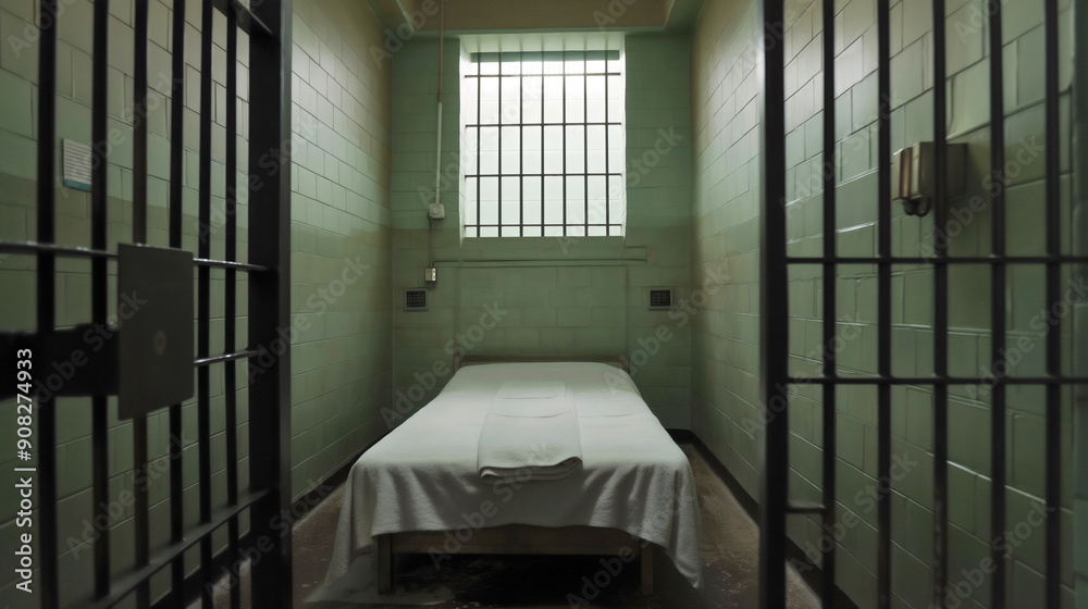 Nobody in empty prison or jail cell interior with bed and window, iron ...
