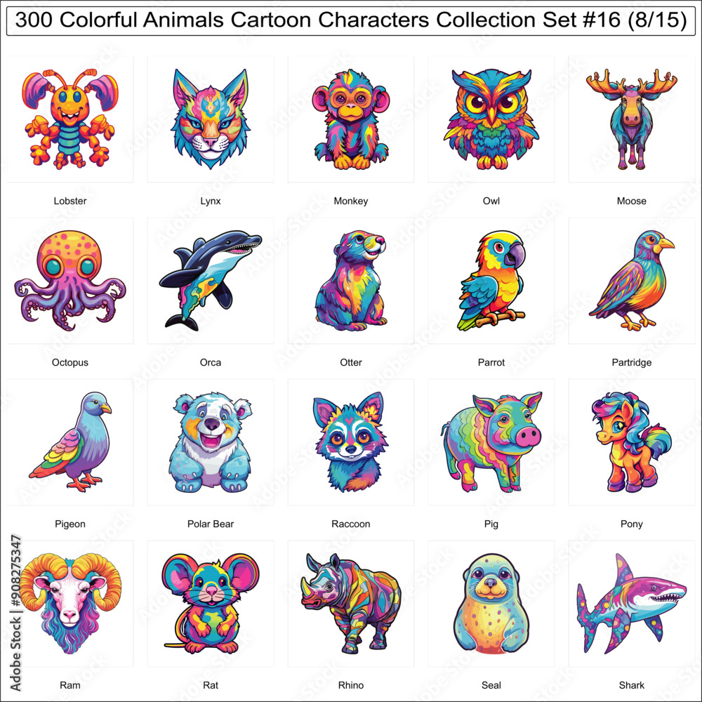 Colorful Animals Cartoon Characters Bundle Collection Set of 300 ...