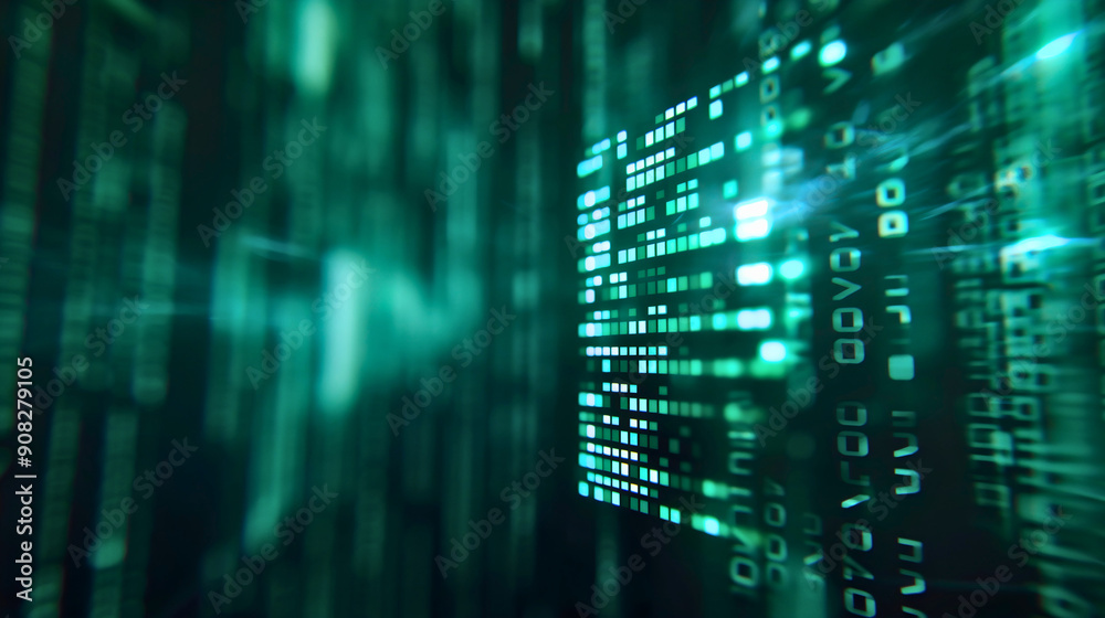 Digital green matrix wall background with numbers and letters. Futuristic technology binary code ...