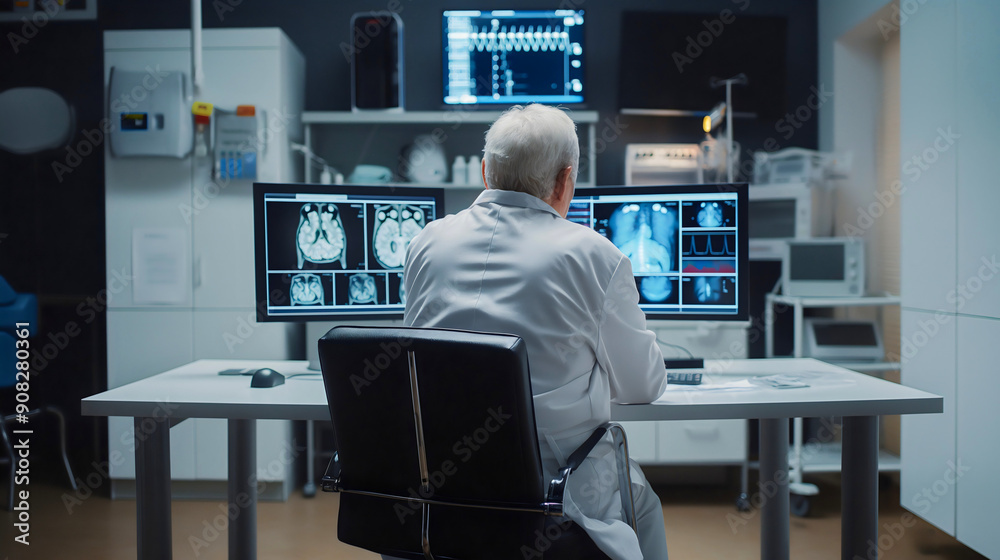 Rear back view of doctor sitting in medical clinic office chair ...