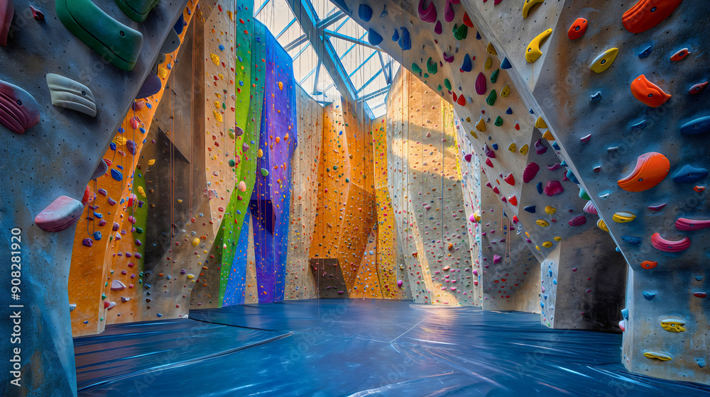 Colorful rock climbing wall in room interior, indoor inside extreme ...