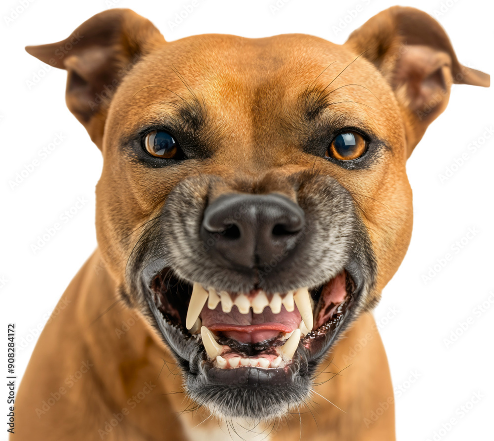 Closeup front view face portrait of aggressive barking dog with open ...
