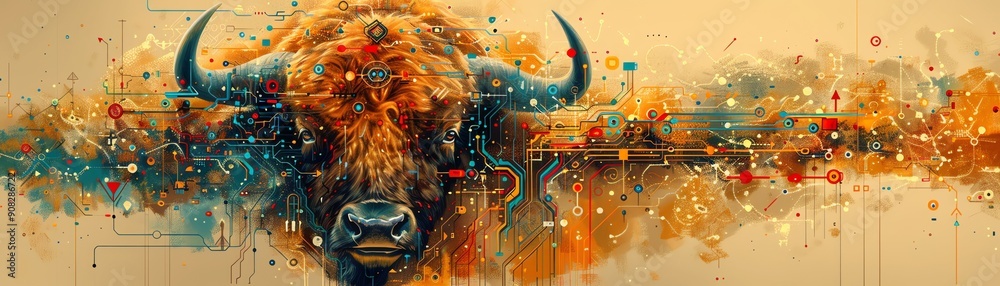 Vibrant abstract painting of a buffalo with dynamic splashes of color ...