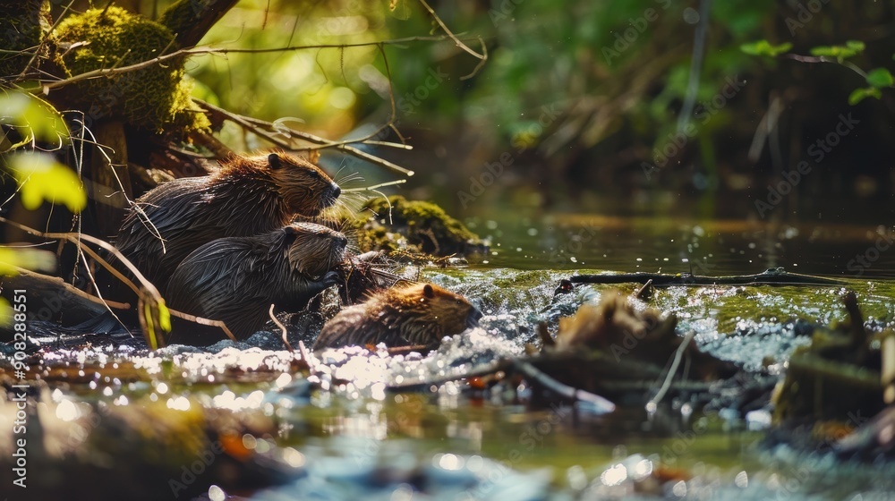 Eurasian beaver family joyfully splashing in a river during spring ...