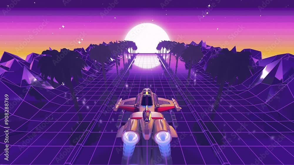Retro vintage digital game background animation space ship in sun set ...