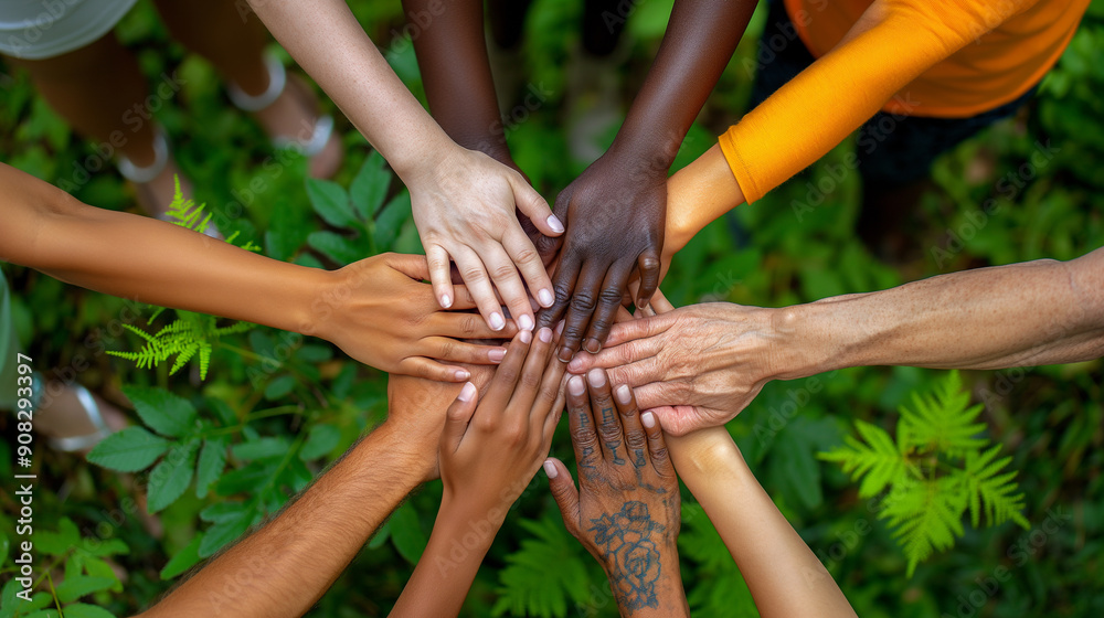 Foto de Diverse hands joined together in unity, teamwork, community ...