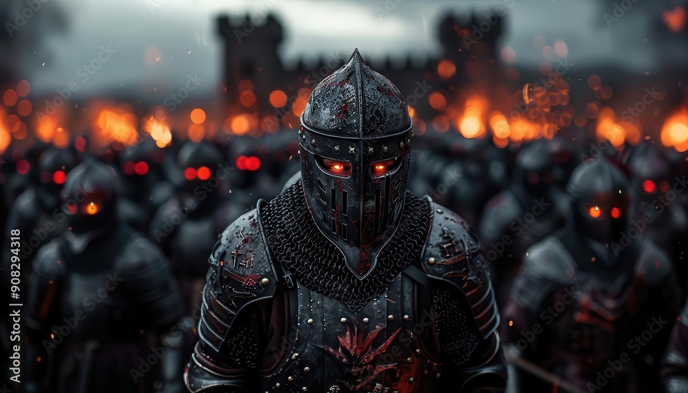 Medieval defense with knights in armor and fortified castles, capturing ...