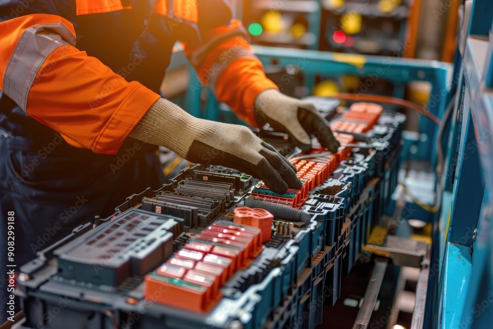 Worker inspecting electric car battery. This photo shows the process of ...