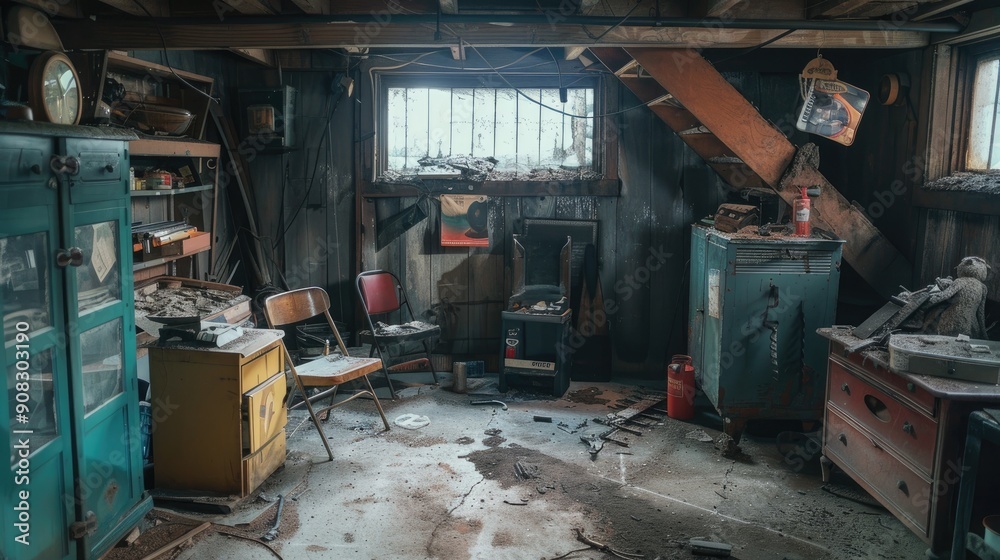 An abandoned workshop with tools and clutter. This photo can be used to ...