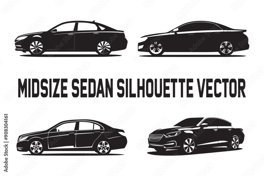 Mid-Size Sedan Silhouette, Vector Art, White Background, Sedan ...