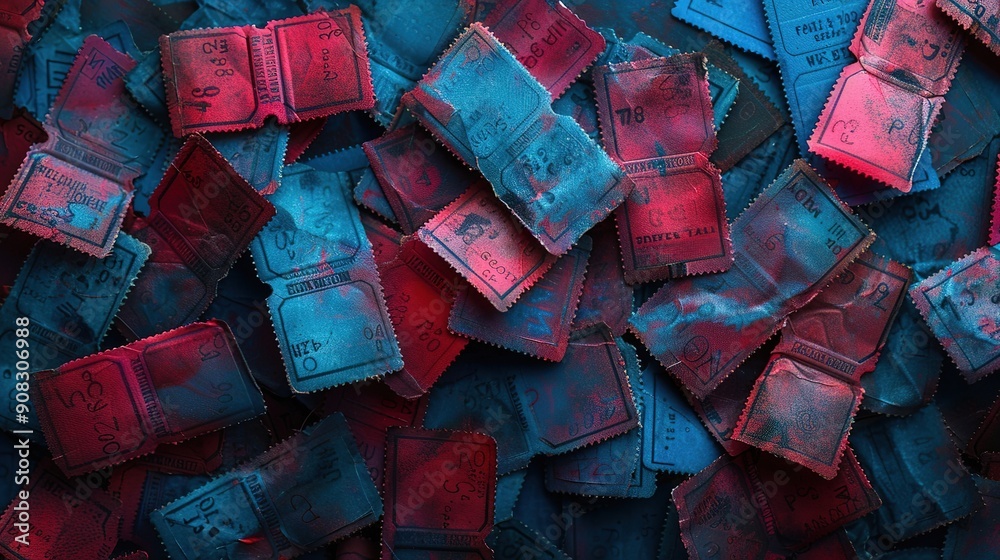 Chaotic Arrangement of Used Event Tickets, a pile of red and blue ...