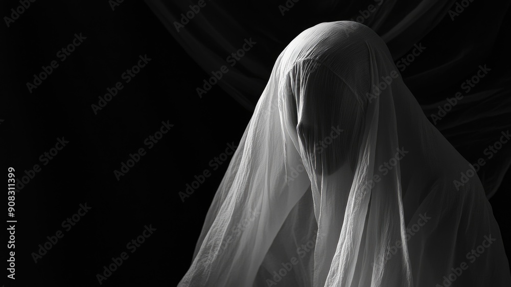 Spooky black and white photo of ghost-like figure covered in dark veil ...