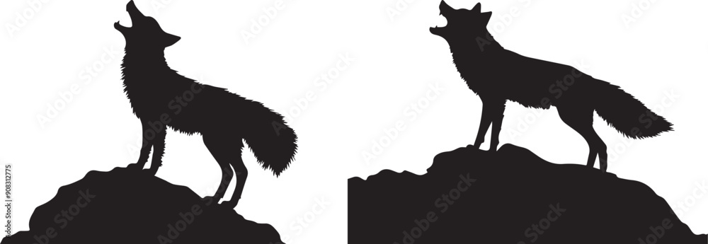 Fox roaring on rock silhouette vector, silhouette of wild roar animal ...