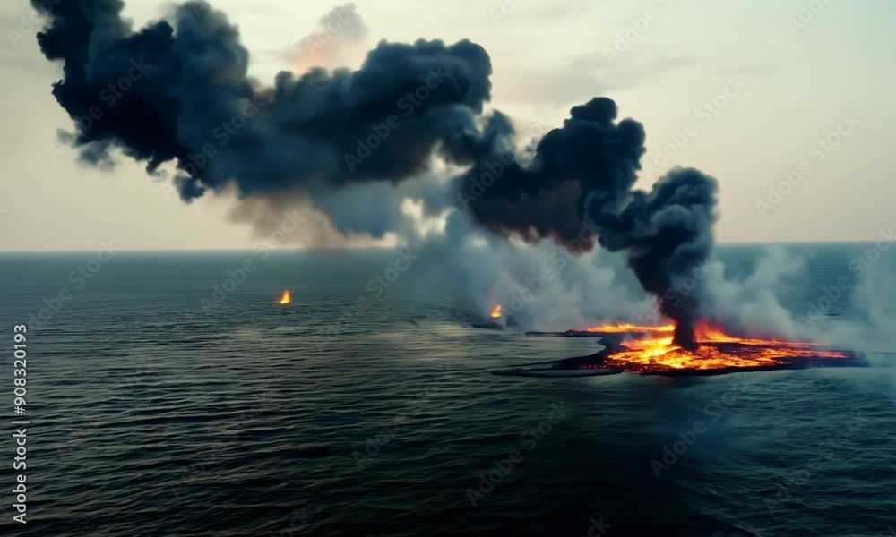 Oil Rig Fire: A dramatic aerial view of an oil rig engulfed in flames ...