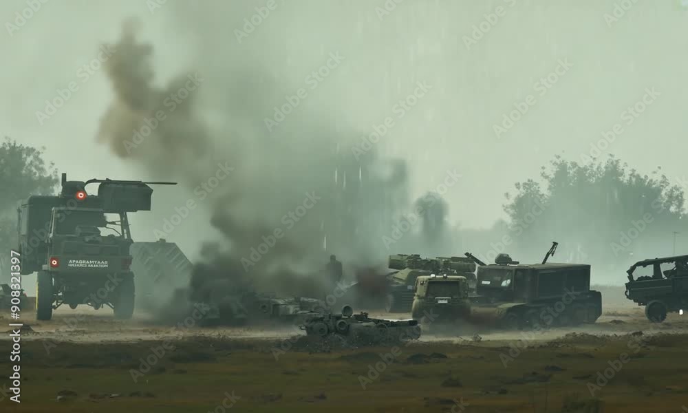 Echoes of War: A desolate battlefield shrouded in smoke, with military ...