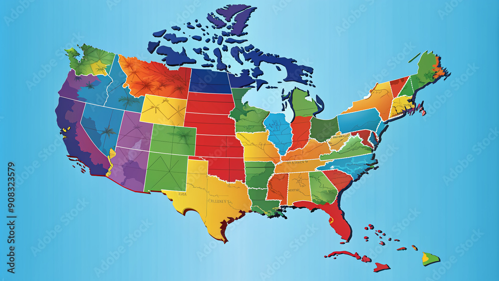 Stylized vector illustration of a detailed map of North America ...