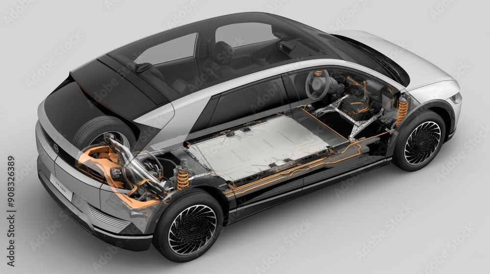 Detailed cutaway view of an electric car showcasing its internal components, including the ...