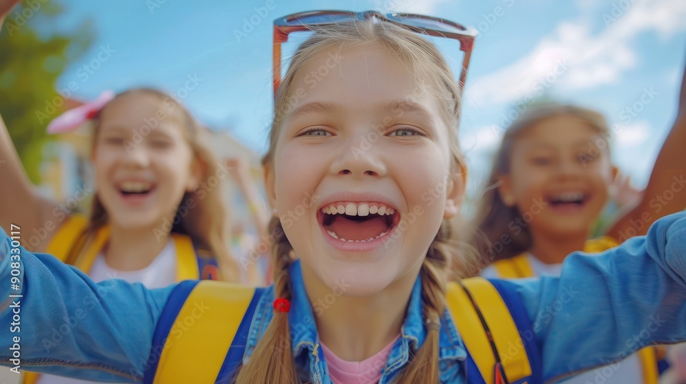 Excited Kids with Backpacks Smiling and Waving, Back to School Joyful ...