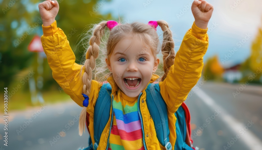 Excited Little Girl With Backpack Returning To School, Happy Child's ...