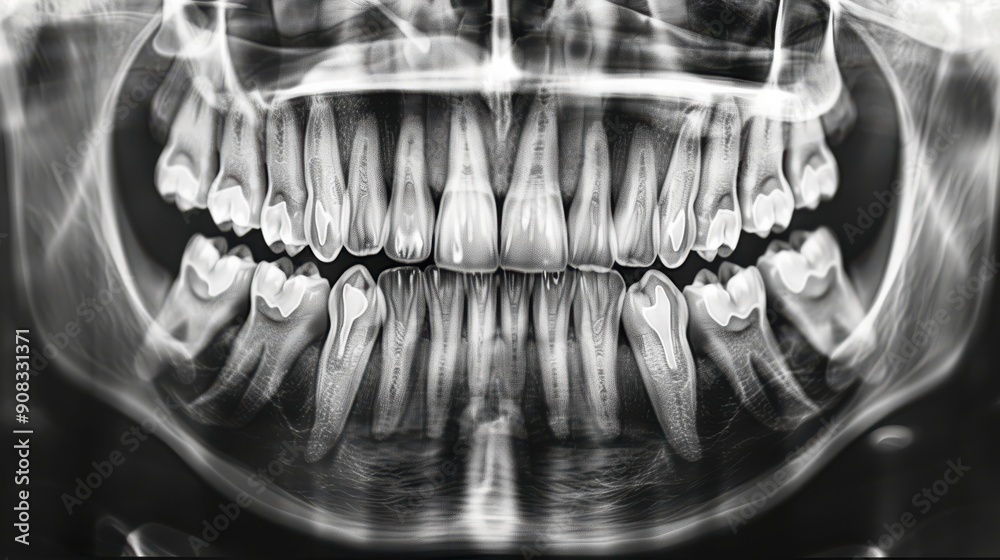 A detailed dental radiography image showing a full set of teeth and jaw ...