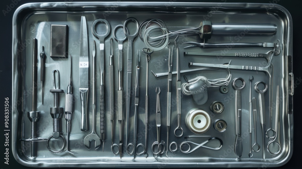 A detailed image of a sterile surgical instrument tray, with a variety ...
