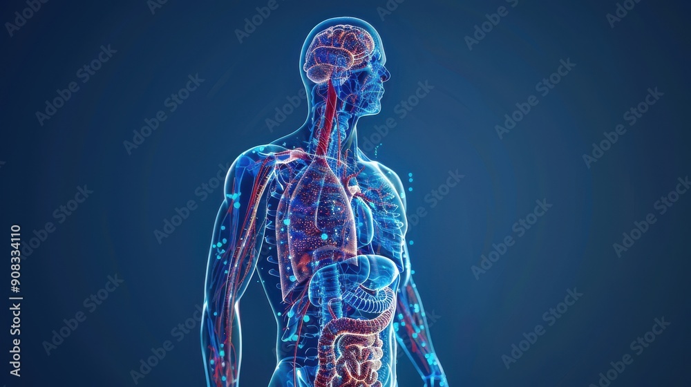 A detailed schematic of the human body highlighting the endocrine ...