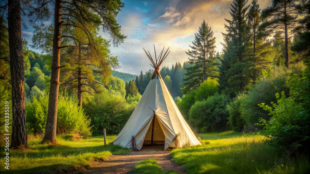 Traditional Native American teepee stands alone in a serene, natural ...