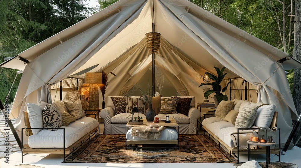 Luxurious safari tent set up for glamping with elegant decor, Glamping in luxury safari tent ...