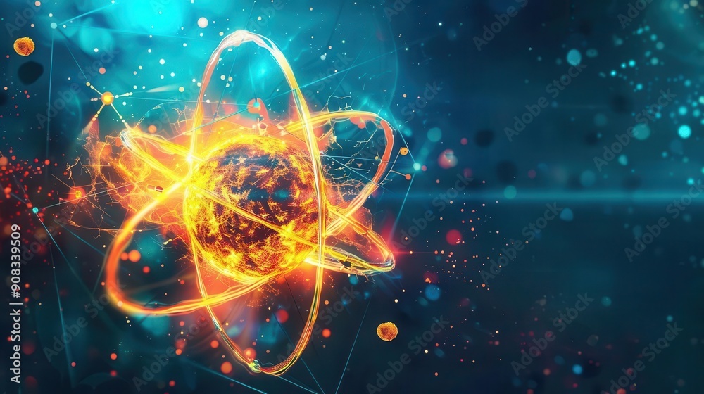 An illustration of an atom with particles orbiting the nucleus, front ...