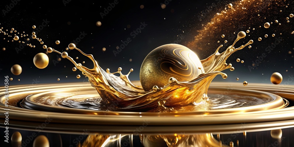 Elegant luxury splash of gold liquid against a black background, with a ...