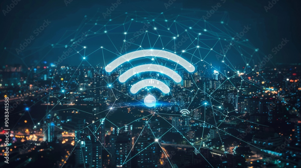 Wifi icon and city scape and network connection concept, Smart city and ...