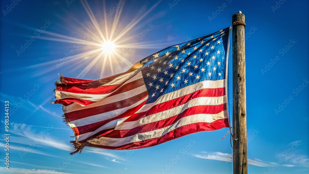 Weathered old tattered flag waving bravely in strong wind against clear ...
