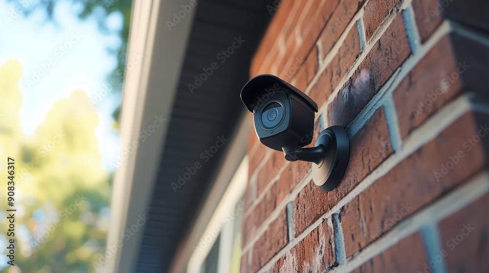 A security CCTV camera mounted on a large industrial building. The ...