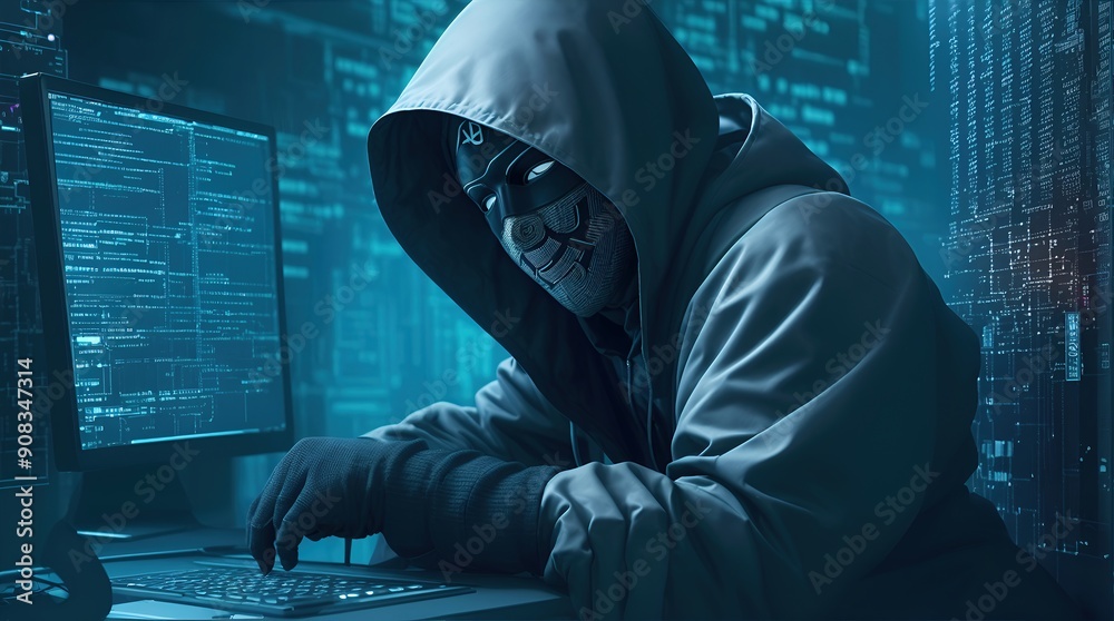 a masked hacker with multiple computer screens displaying codes and data Stock Photo | Adobe Stock