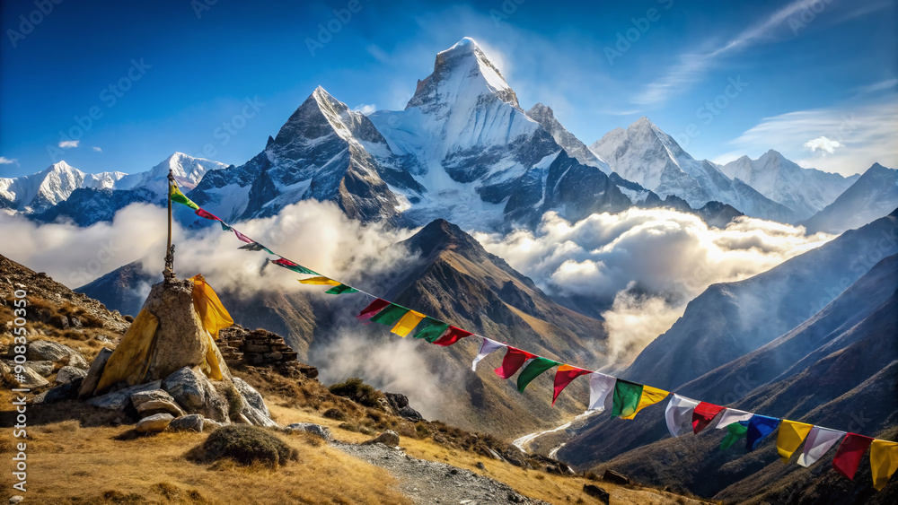 Snow-capped Himalayan peak rises into misty blue sky, rugged terrain ...