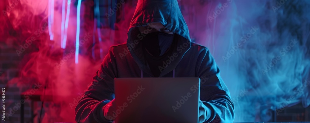 Hacker in a neon mask. Cyber criminal with laptop. Cyber crime, hacker ...