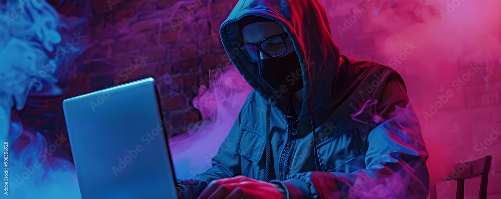 Hacker in a neon mask. Cyber criminal with laptop. Cyber crime, hacker ...