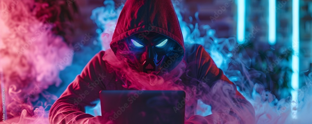 Hacker in a neon mask. Cyber criminal with laptop. Cyber crime, hacker ...
