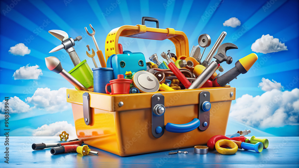Colorful cartoon toolbox overflowing with humorous gadgets and quirky ...