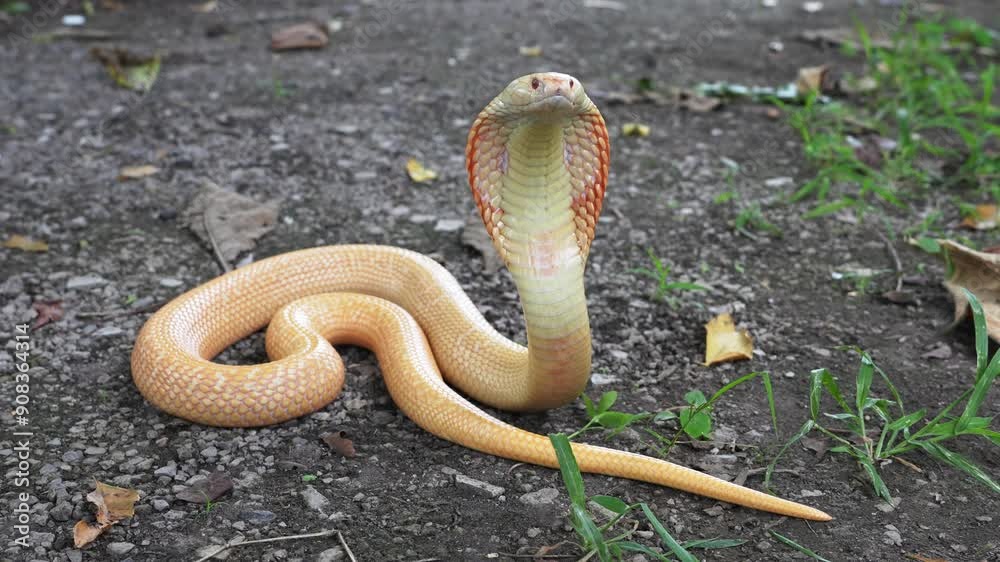Slow motion Albino Monocled Cobra - Naja kaouthia raised its hood on ...