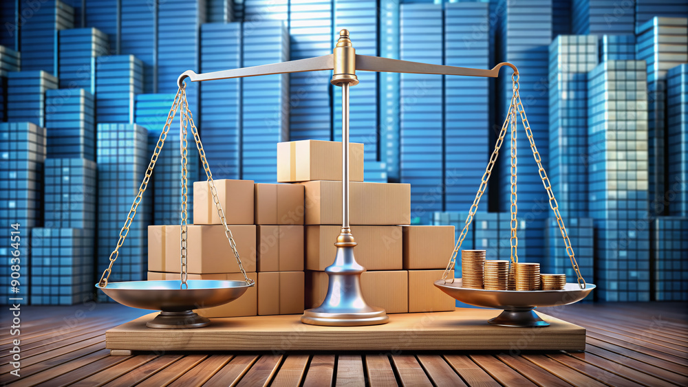 Balanced scales surrounded by stacked boxes, charts, and graphs ...