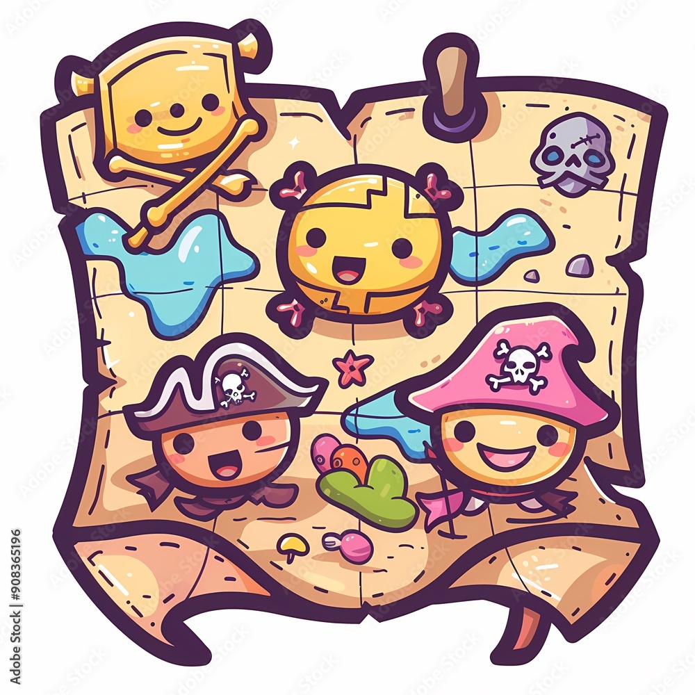 Colorful cartoon pirate map featuring playful characters and hidden ...
