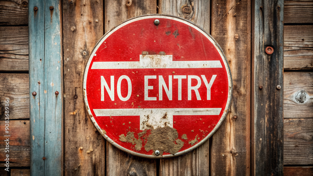 A vintage distressed red no entry sign with a bold white font and a red ...