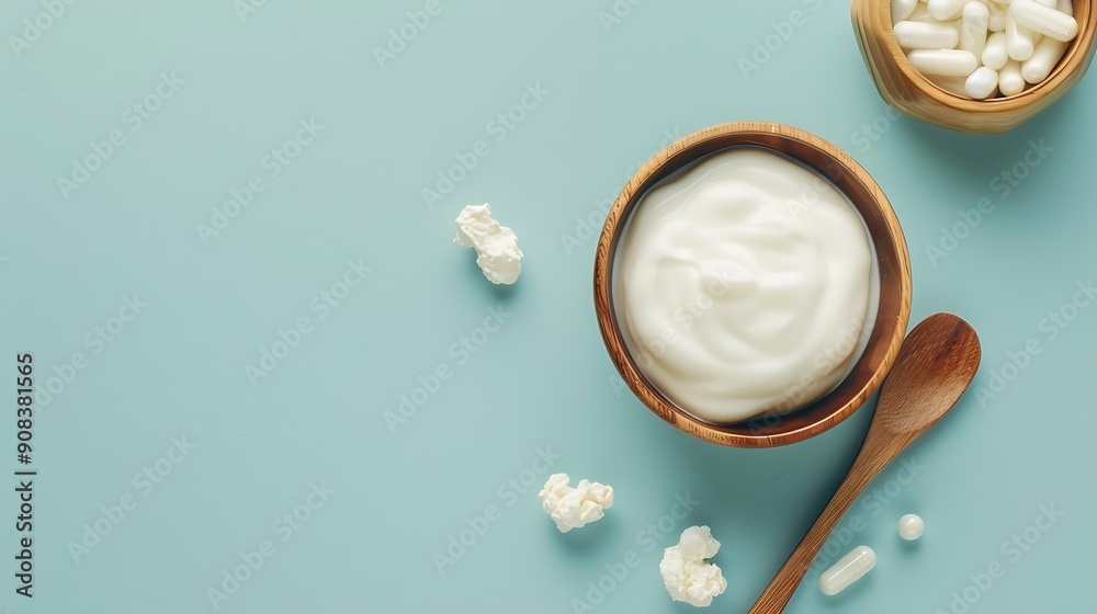 Capsules probiotic on a wooden spoon and bowl with homemade yogurt on ...