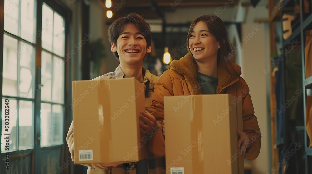 Concept of happy couple moving to new apartment Young family unpacking ...