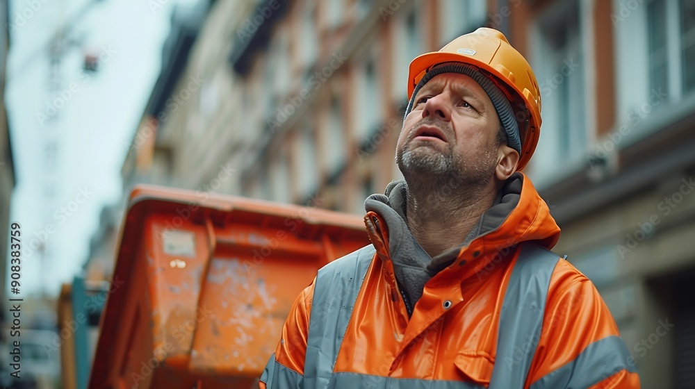 Construction worker suffering back ache and complaining trying to lift ...