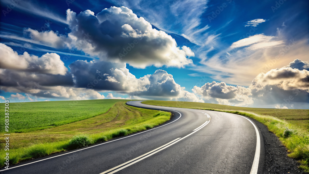 A winding asphalt road stretches towards the horizon, lined with bold ...