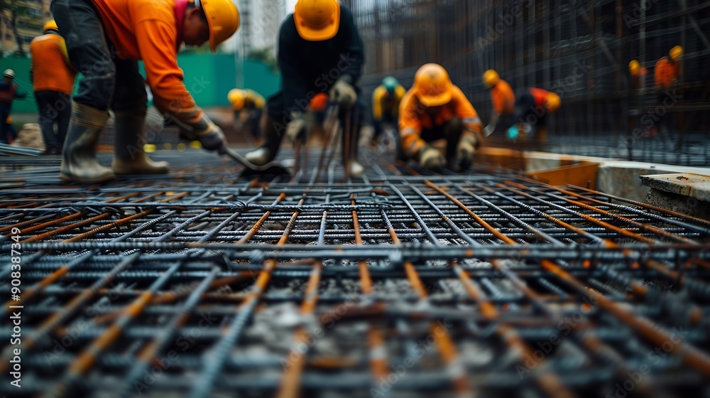 Construction workers during installation of steel gratings for the ...