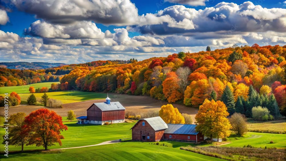 Serene Wisconsin landscape featuring rolling hills, rustic barns, and ...