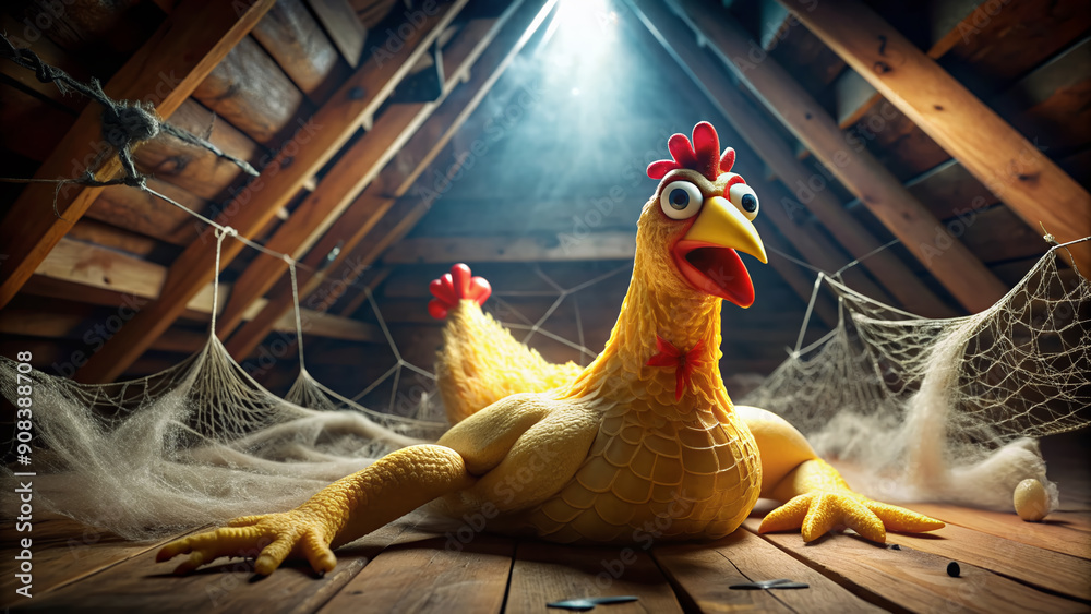 A terrified rubber chicken lies on its back, eyes wide open, surrounded ...